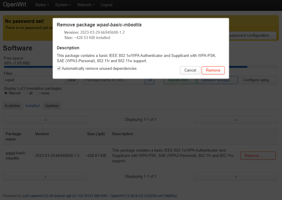The wpad that came with OpenWrt 23.05.0-rc2 is unremovable. · Issue #13163 · openwrt/openwrt ...