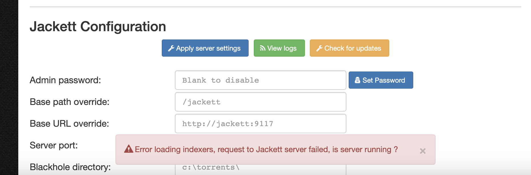 Error loading indexers, request to Jackett server failed, is server running ? · Issue #14516 ...