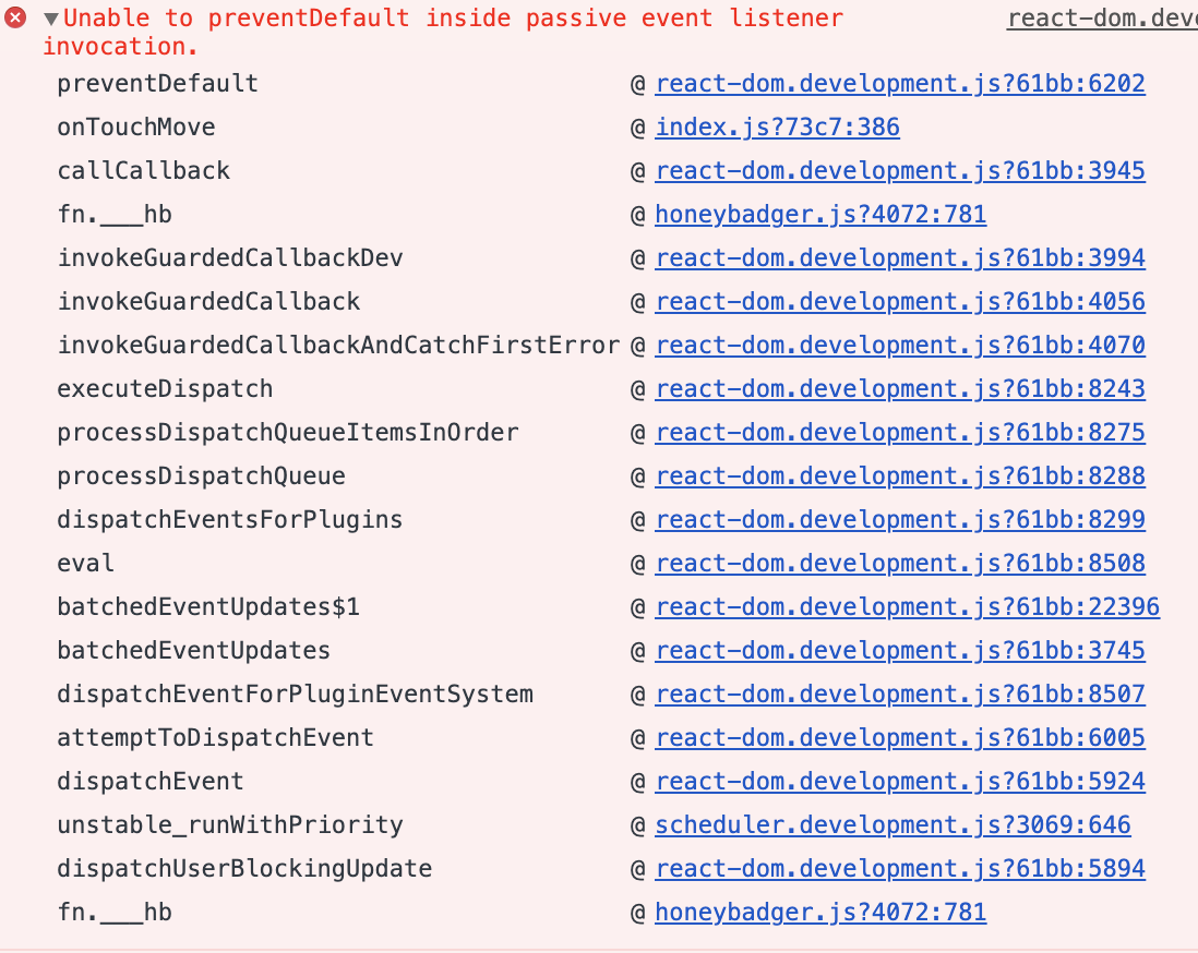 Unable to preventDefault inside passive event listener invocation · Issue #732 · FormidableLabs ...