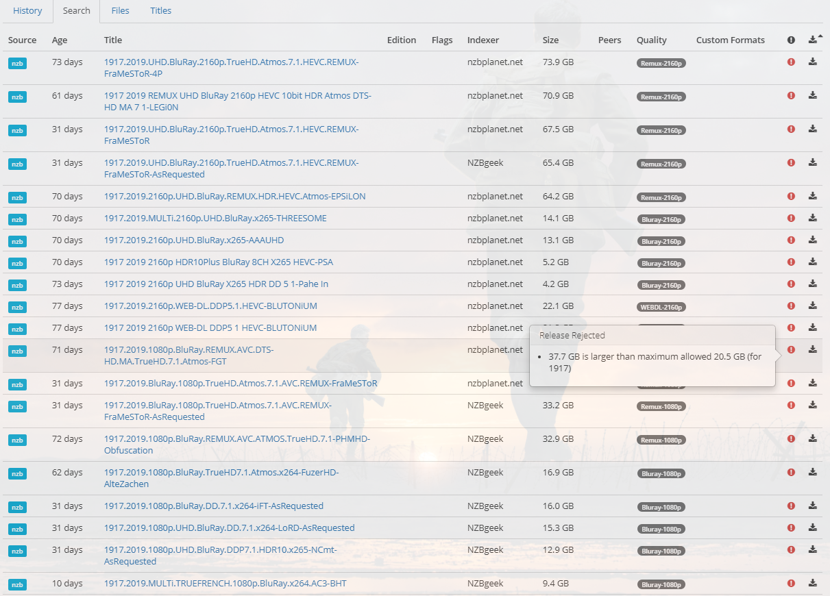 Rejecting all found movies due to file size · Issue #4468 · Radarr/Radarr · GitHub