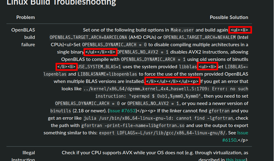 doc: developer documentation linux troubleshooting showing html tags · Issue #48970 · JuliaLang ...