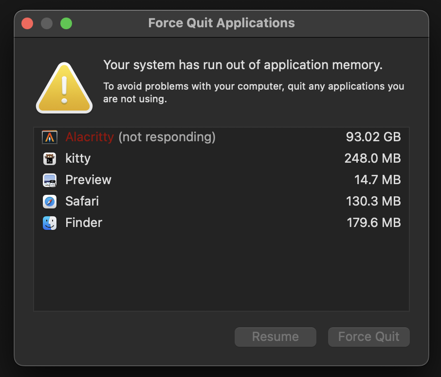 0.13.0-dev on macos 14 shows 90Gb+ of memory · Issue #7259 · alacritty/alacritty · GitHub