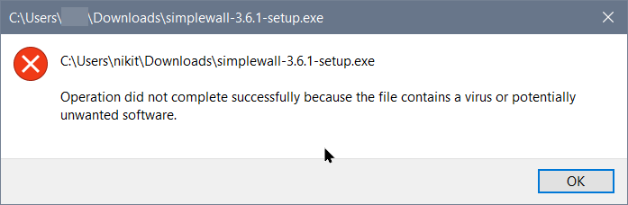 Install Operation did not complete because the file contains a virus or ...