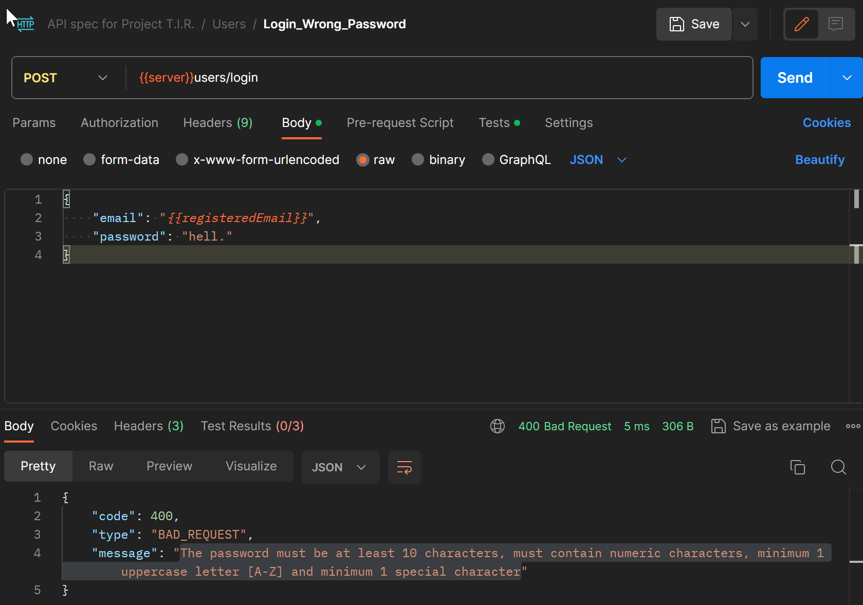 POST - Login user - Incorrect Message for Passwords when does not meet the password criteria ...
