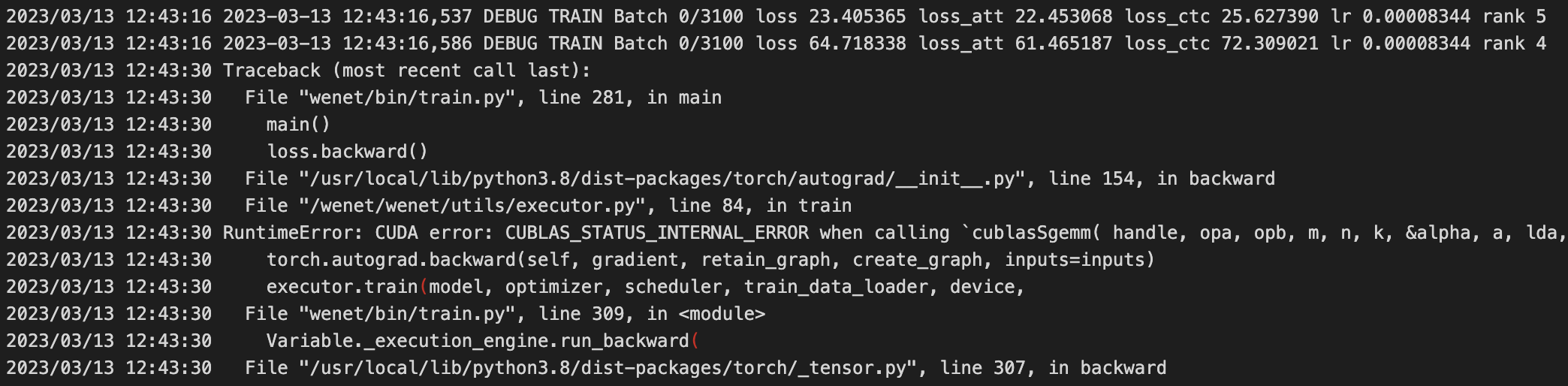 RuntimeError: CUDA error: CUBLAS_STATUS_INTERNAL_ERROR · Issue #1740 · wenet-e2e/wenet · GitHub