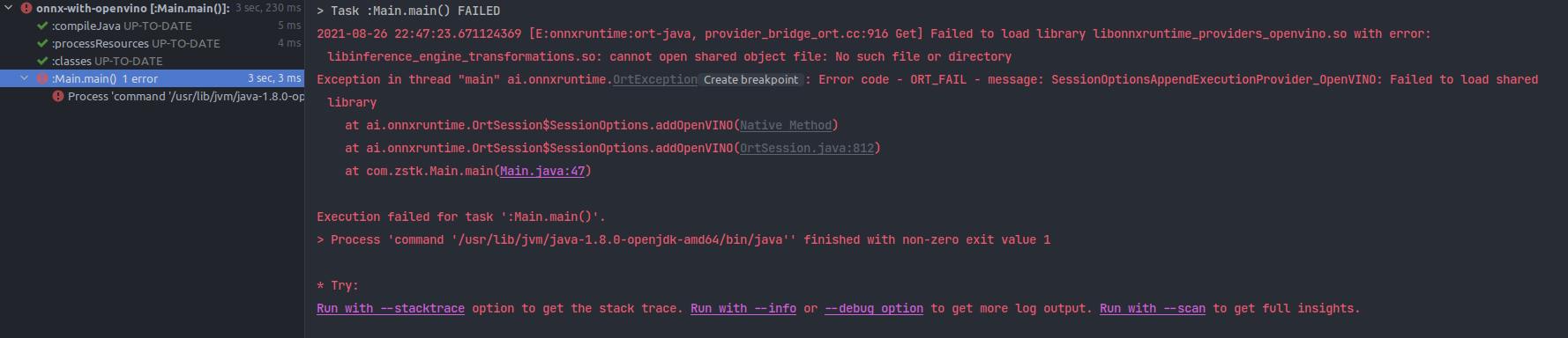 while OpenVINO as execution provider with onnxruntime in java and python get error Failed to ...