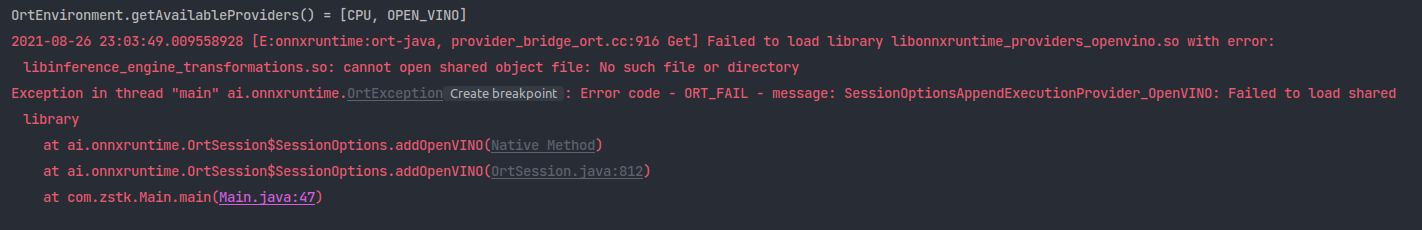 while OpenVINO as execution provider with onnxruntime in java and python get error Failed to ...