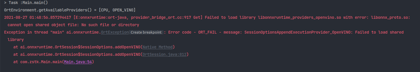 while OpenVINO as execution provider with onnxruntime in java and python get error Failed to ...