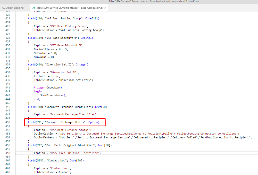 [Enum Request] In table "Service Cr.Memo Header" field "Document Exchange Status" should be Enum ...