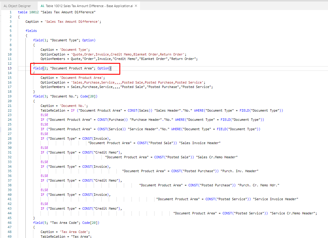 [Enum Request] In table "Sales Tax Amount Difference" field "Document Product Area" should be ...