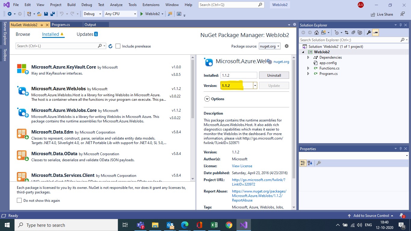 Microsoft Azure Webjobs Includes An Old Version Of Microsoft Extensions