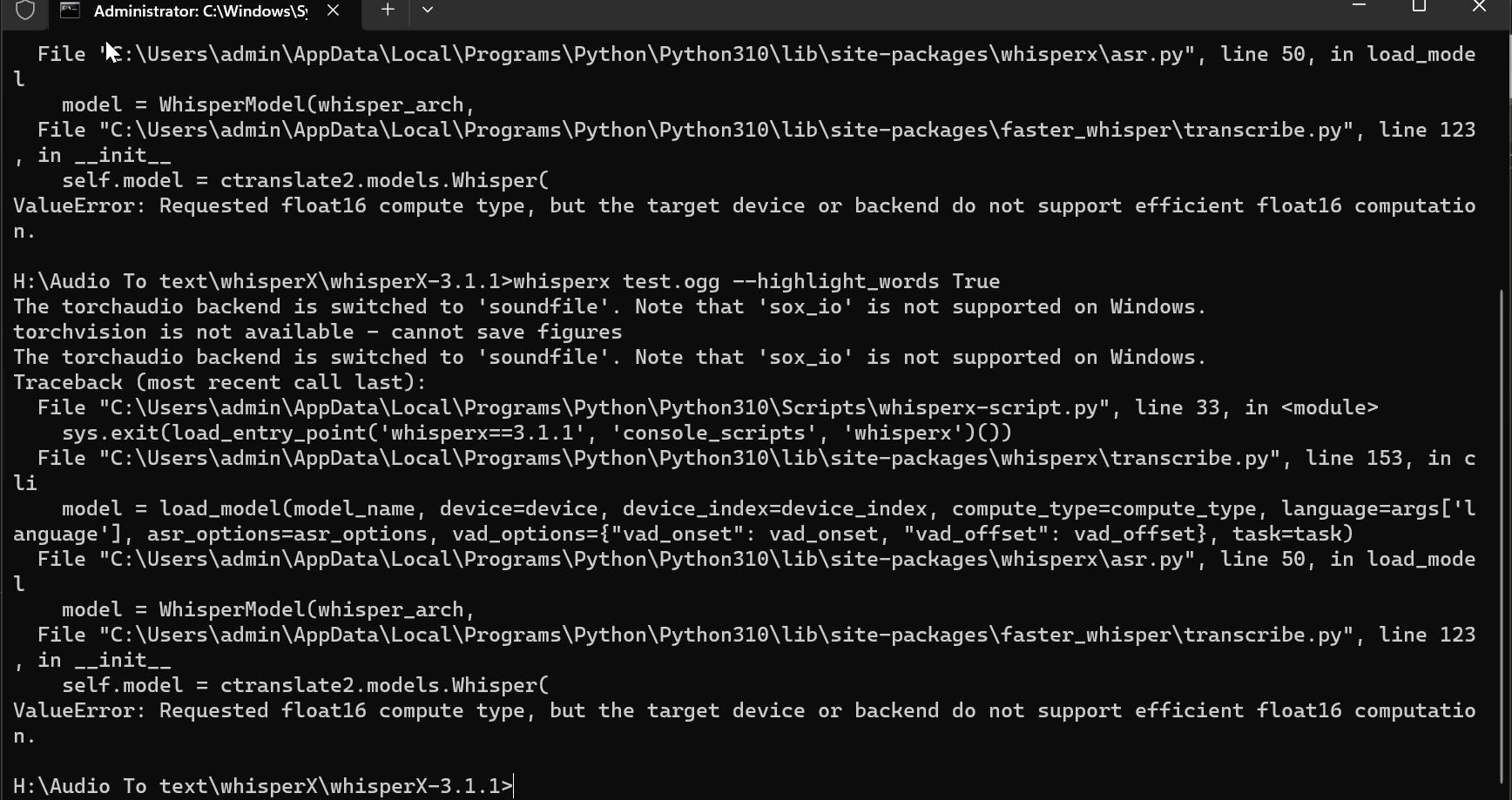 The torchaudio backend is switched to 'soundfile'. Note that 'sox_io' is not supported on ...