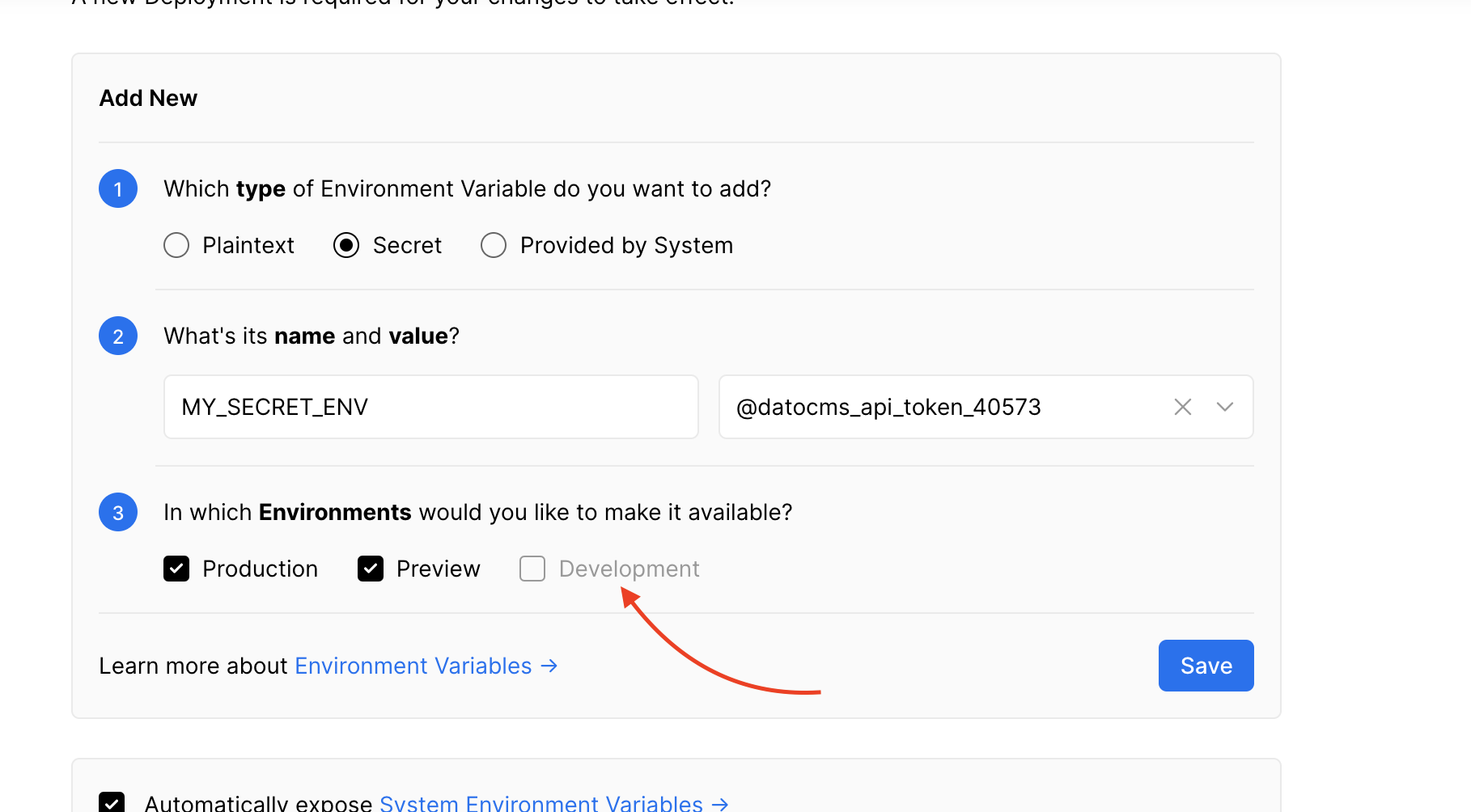[cli] Hide "Development" for secret env variables by lucleray · Pull Request #5710 · vercel ...