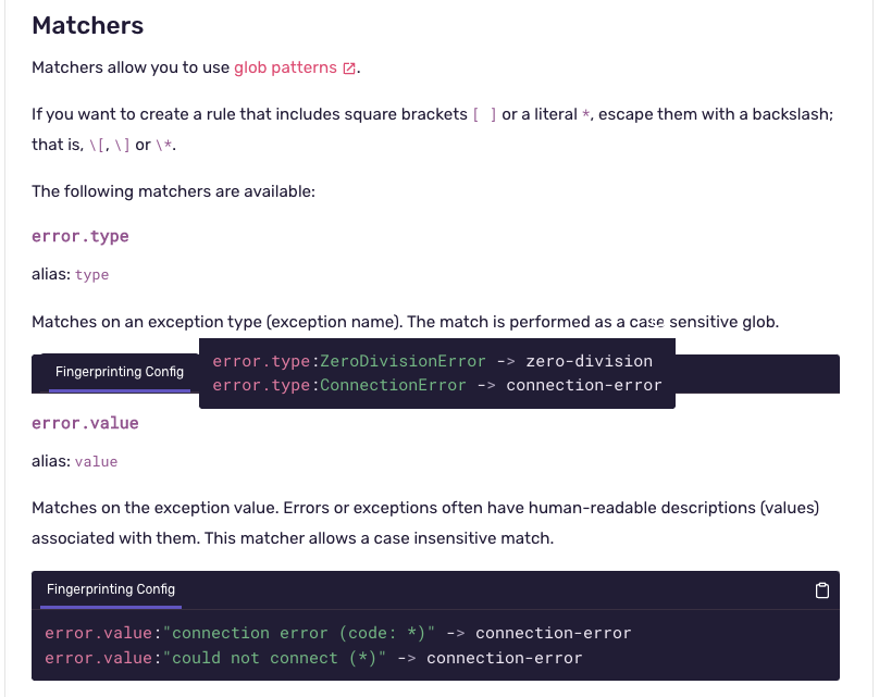 Fingerprint Rules - code example is malformed · Issue #5867 · getsentry/sentry-docs · GitHub
