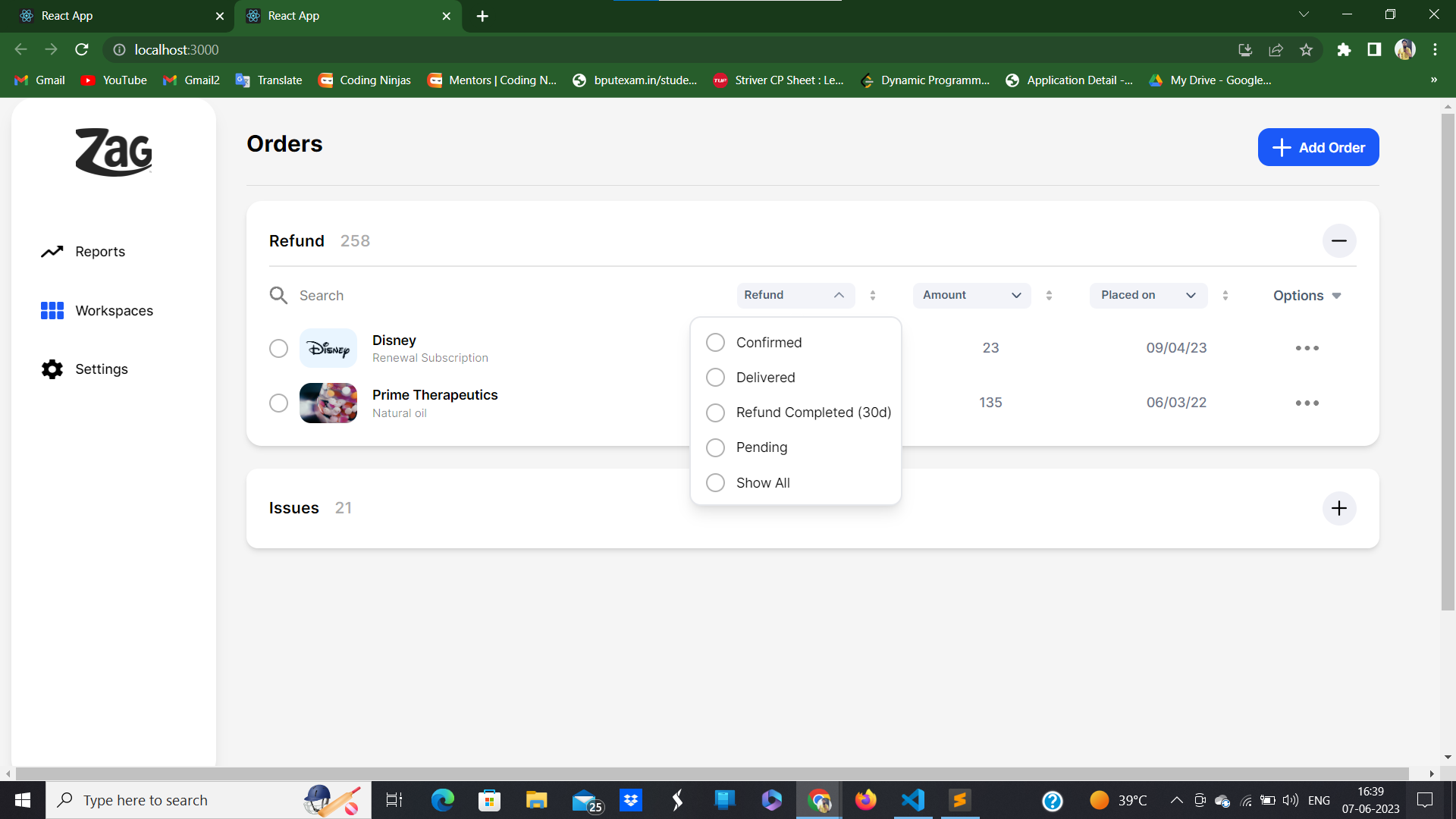 GitHub - praduman2714/DashBoard-Order: A basic Order page, made up of react, which was the ...