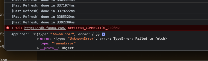 POST https://db.fauna.com/ net::ERR_CONNECTION_CLOSED · Issue #508 · fauna/faunadb-js · GitHub