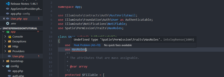 intelephense says Spatie HasRoles Undefined type · Issue #1508 · spatie/laravel-permission · GitHub
