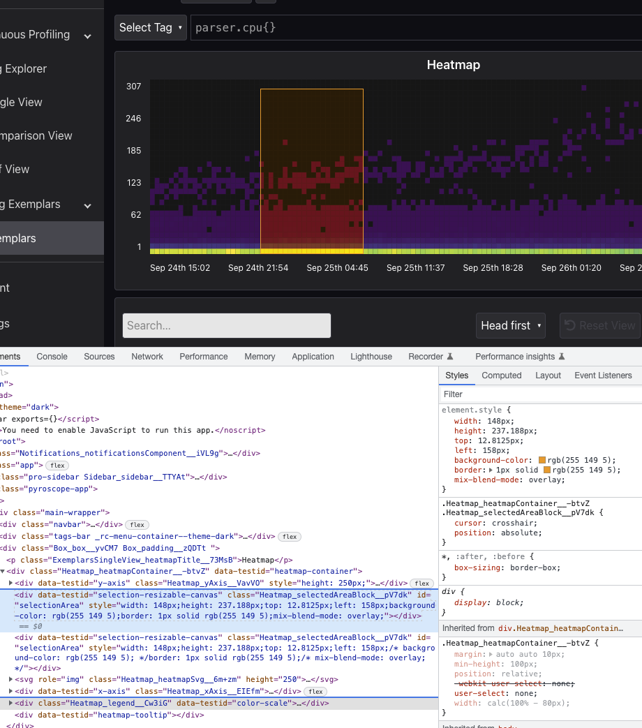 Change color of the selected area of the heatmap · Issue #1555 · grafana/pyroscope · GitHub