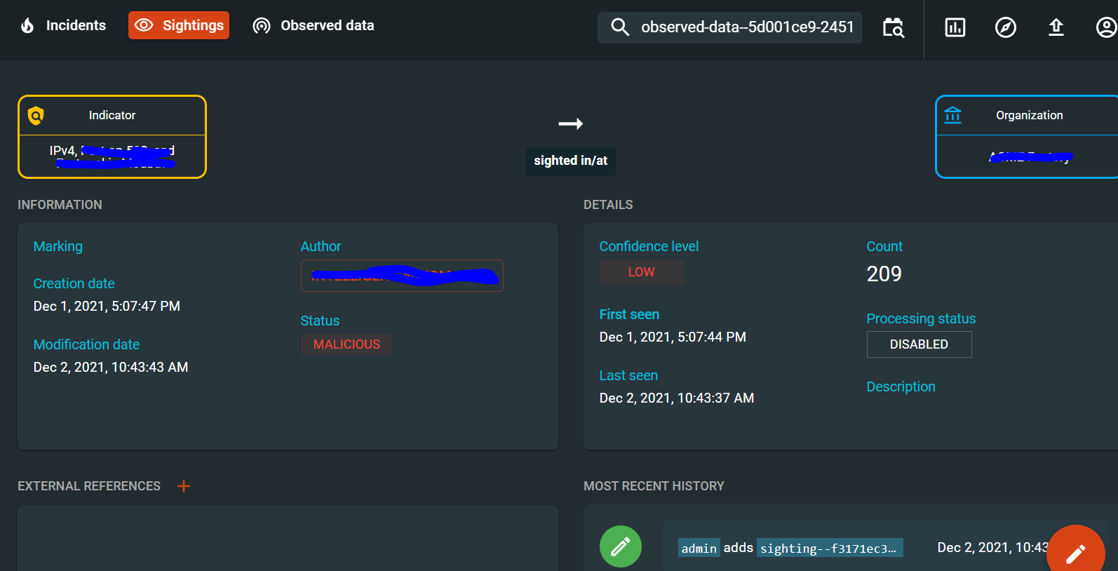 Observables Indicators Sighting · Issue 55 · Opencti Platform 