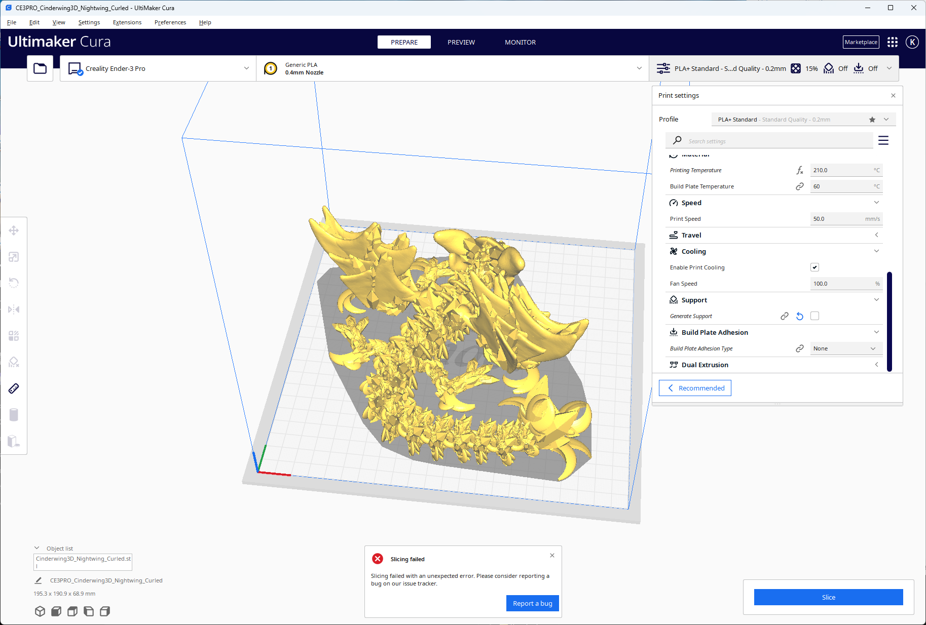 Cant Slice the Cinderwing 3D Nighwing Curled. · Issue #14240 · Ultimaker/Cura · GitHub