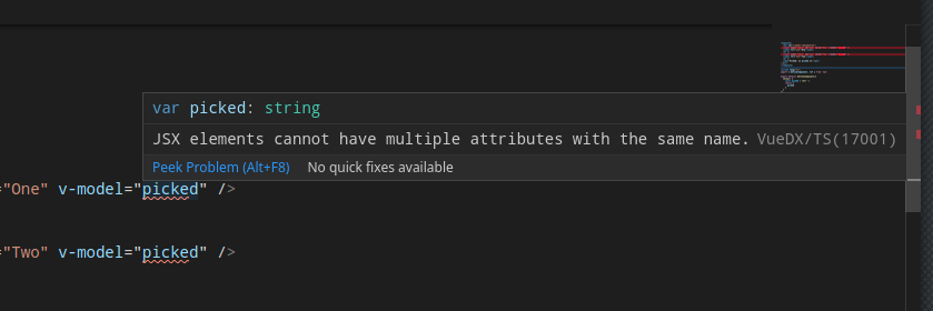 [VueDX/TS(17001)] JSX elements cannot have multiple attributes with the ...