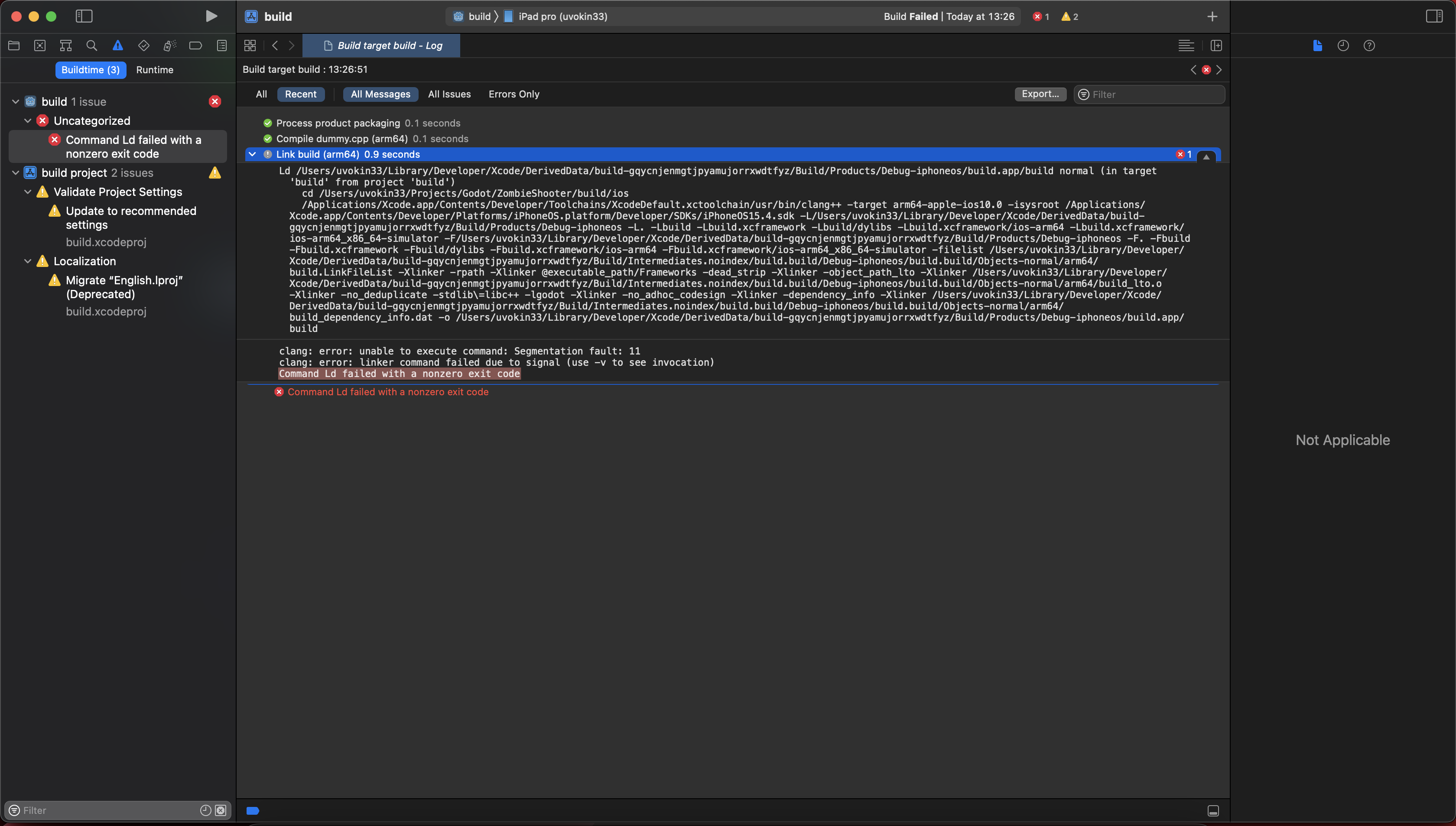 Godot 3.4.4-stable iOS export Xcode linking gives a segmentation fault for `debug` template ...