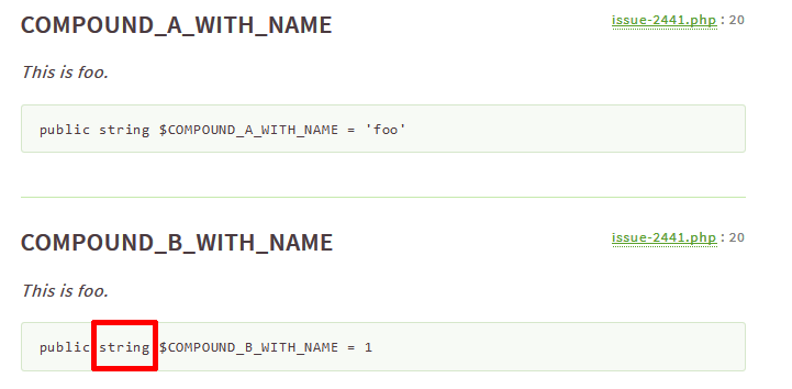 3.0.0: multiple @var tags for compound constant/property declarations not handled correctly ...