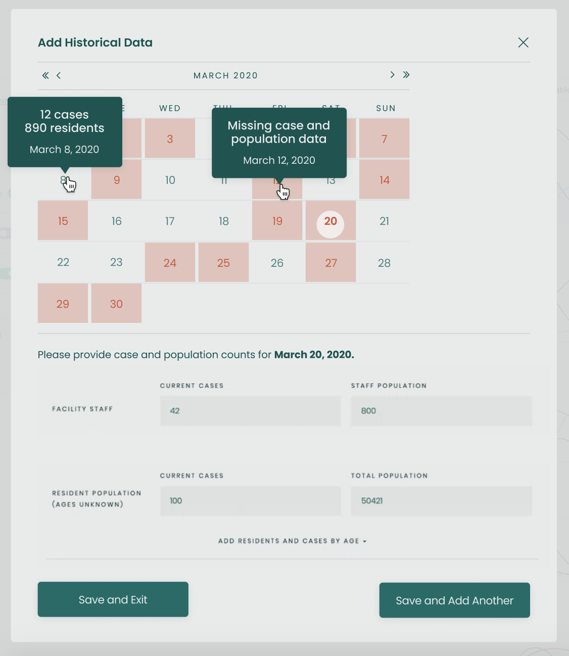 Update adding cases modal calendar widget to visually show when data ...