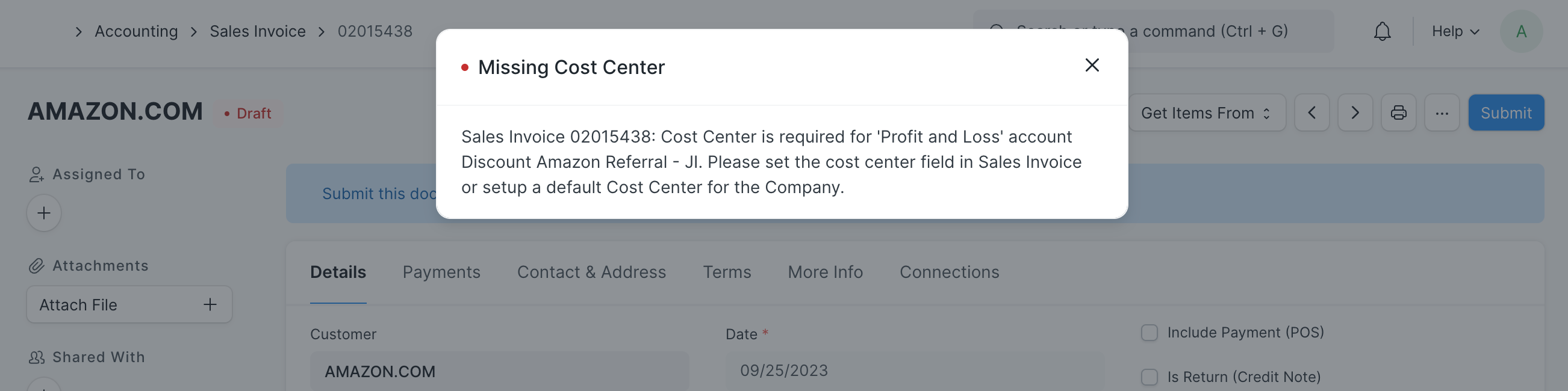 Error Company Default Cost Center Not Used In Discount Accounting · Issue 37233 · Frappe 