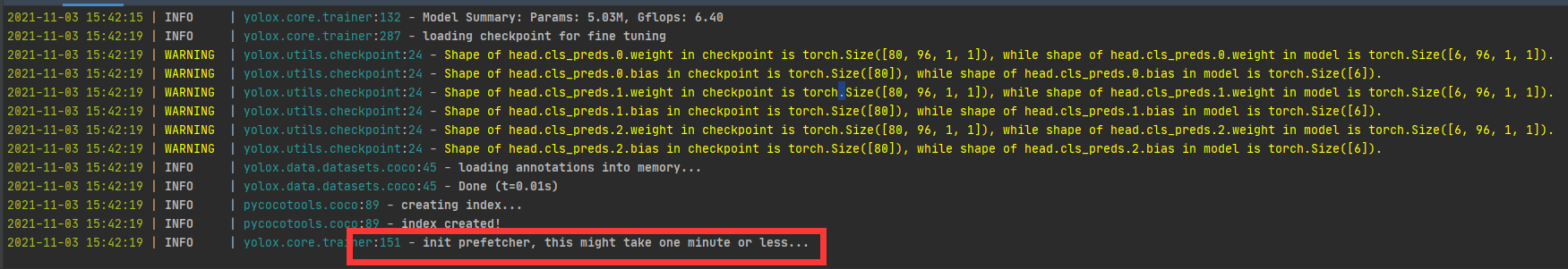 卡在yolox.core.trainer:151 - init prefetcher, this might take one minute ...