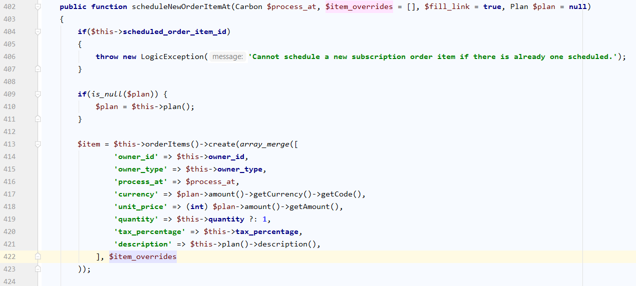 Bug in Subscription::scheduleNewOrderItemAt() ? · Issue #217 · laravel ...