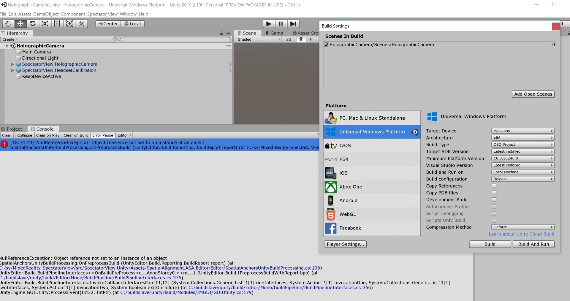 Getting error when using the HolographiCamera.Unity project to my HoloLens 2 device · Issue #376 ...