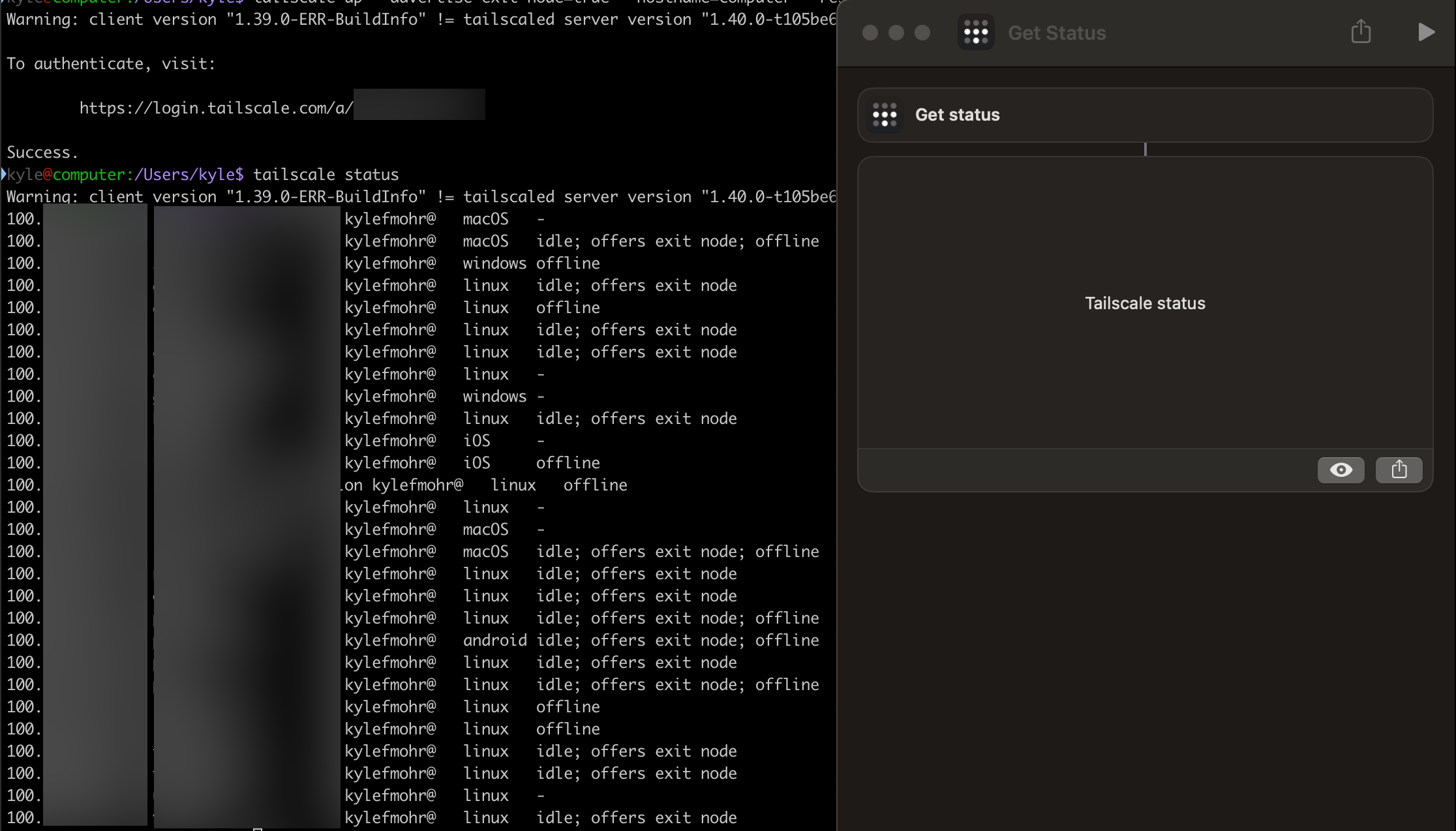 On Macos Ios The Get Status Shortcut Action Only Returns Text Tailscale Status · Issue