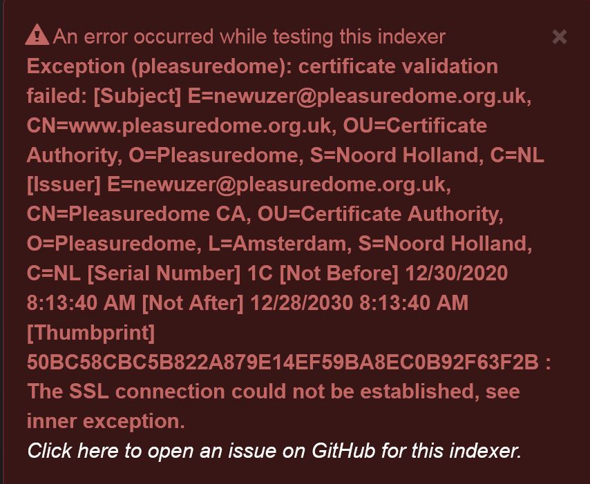 [pleasuredome] Exception (pleasuredome): certificate validation failed. · Issue #10988 · Jackett ...
