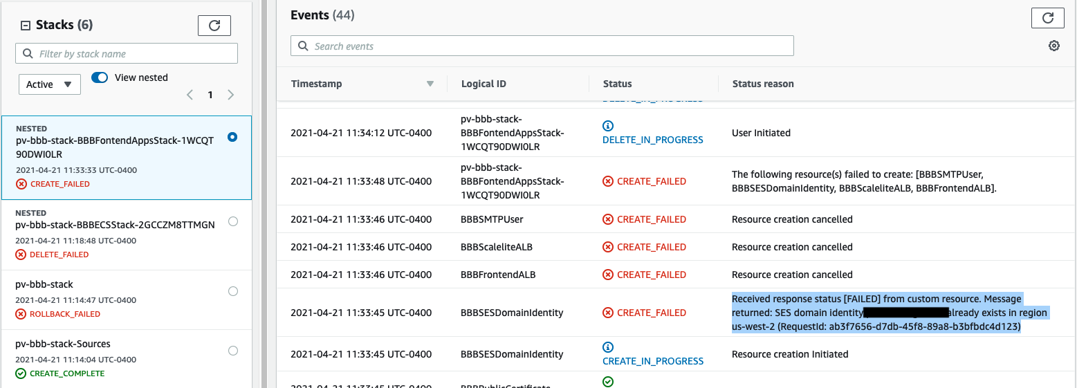 Received response status [FAILED] from custom resource. Message returned: SES domain identity ...