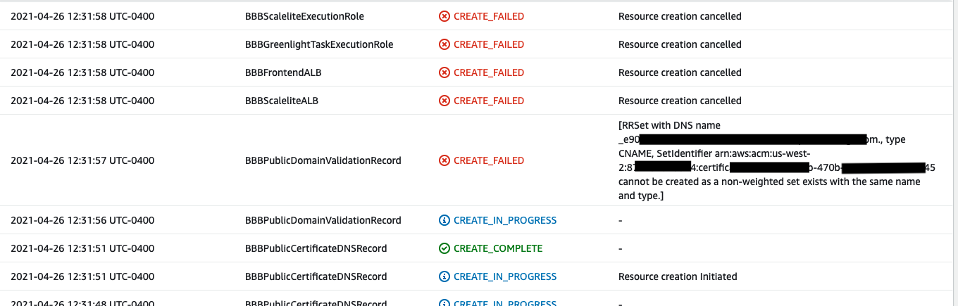 Received response status [FAILED] from custom resource. Message returned: SES domain identity ...