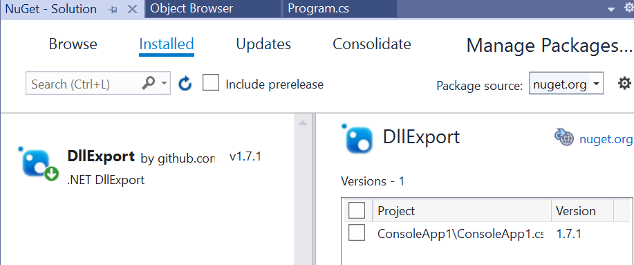 Other NuGet packages are not visible as installed when DLLExport ...