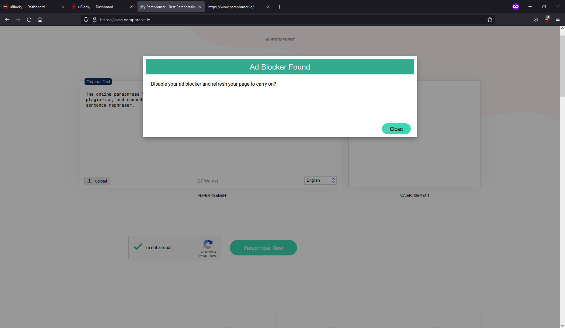 Anti-Adblock notice when using Paraphraser.io · Issue #10488 · uBlockOrigin/uAssets · GitHub