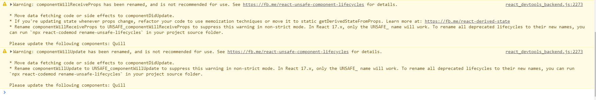 React Quill componentWillUpdate & componentDidUpdate Warnings · Issue #655 · zenoamaro/react ...