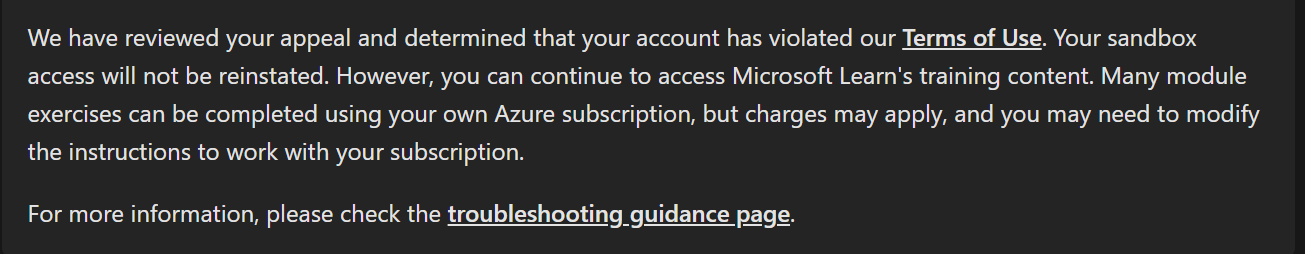 Sandbox Microsoft learn appeal issue · Issue #2833 · MicrosoftDocs/feedback · GitHub
