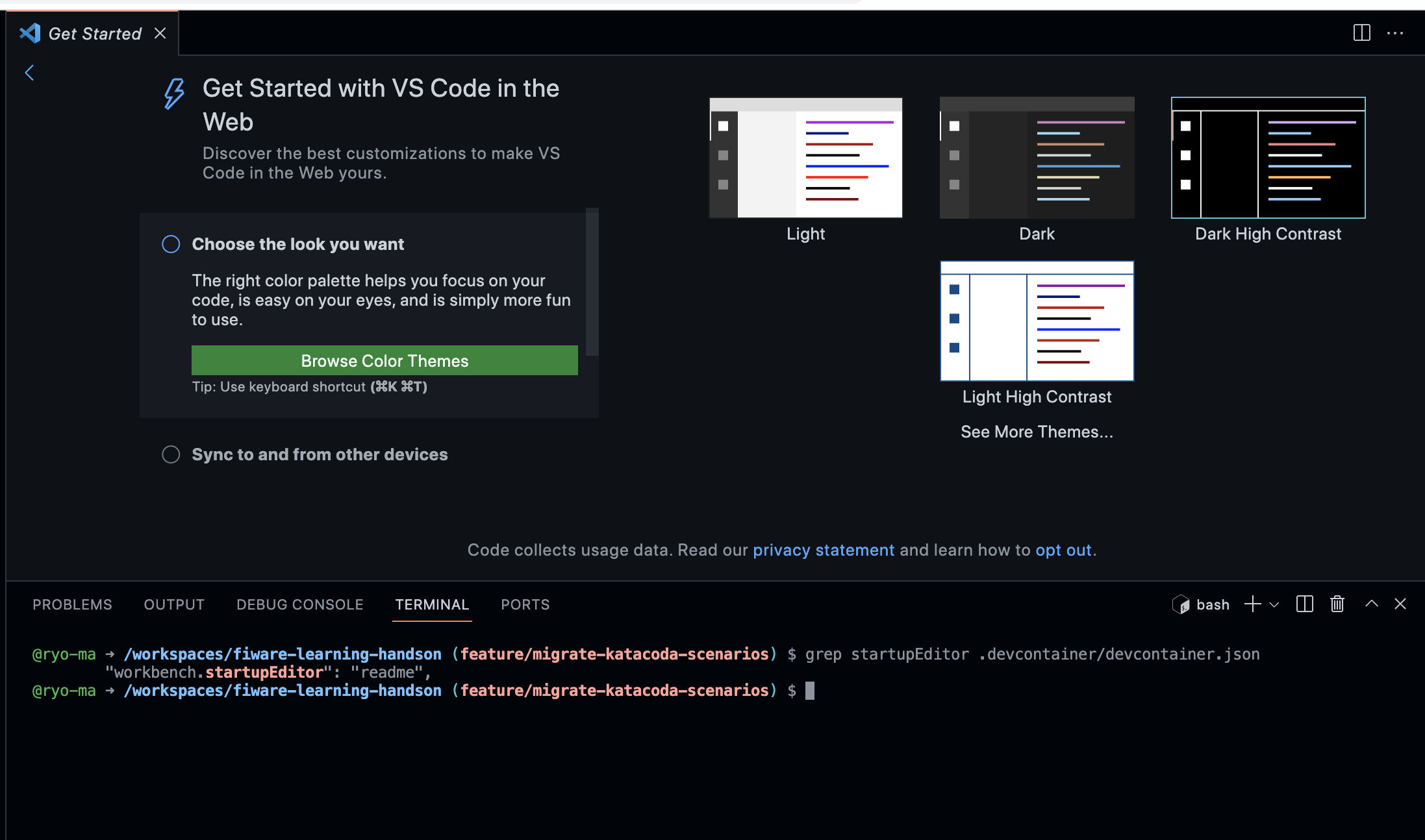 Welcome page opens in Codespaces even when workbench.startupEditor is set to "readme" in Remote ...