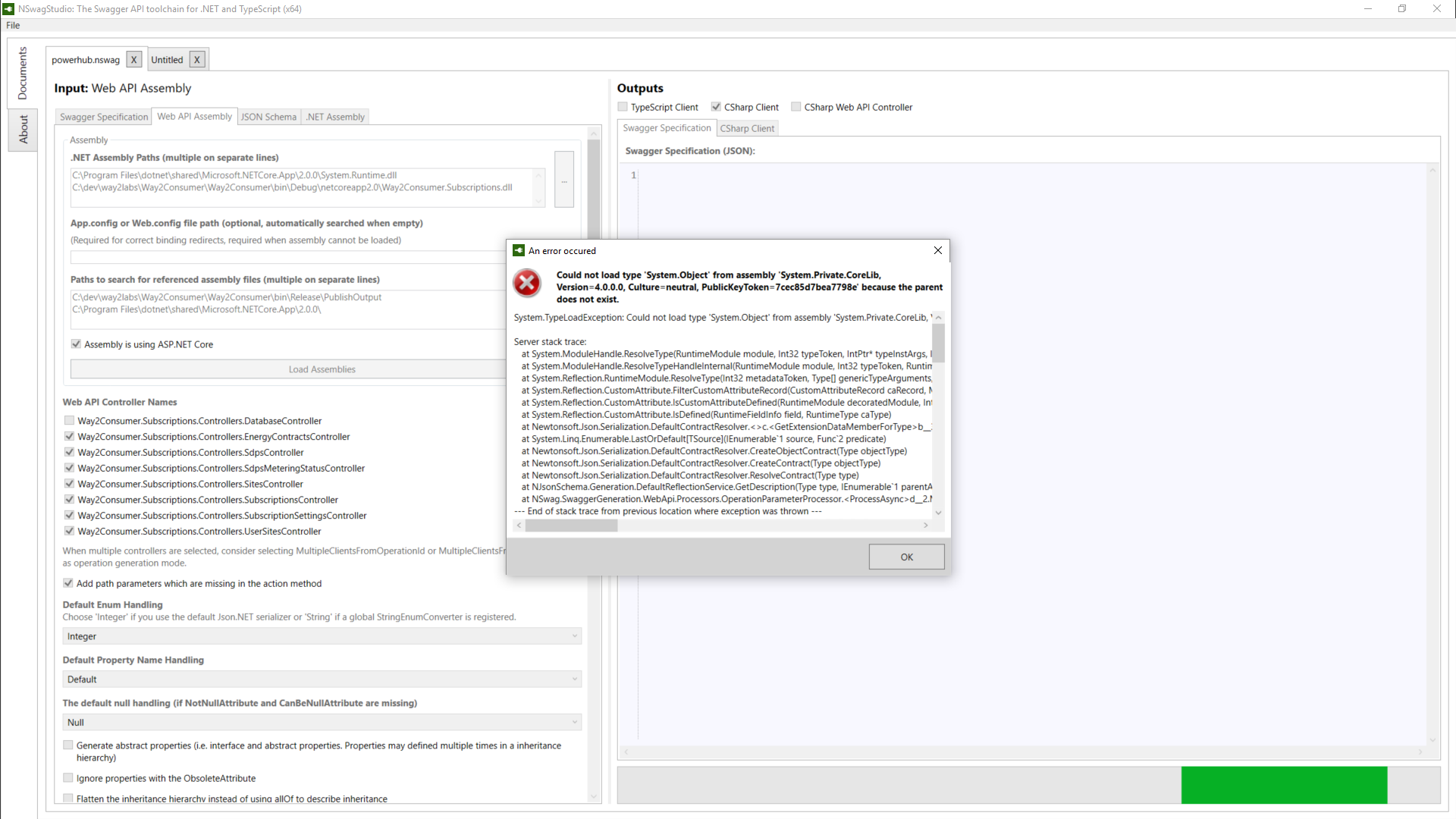 Error trying to generate CSharp Client: Could not load type 'System.Runtime.CompilerServices ...