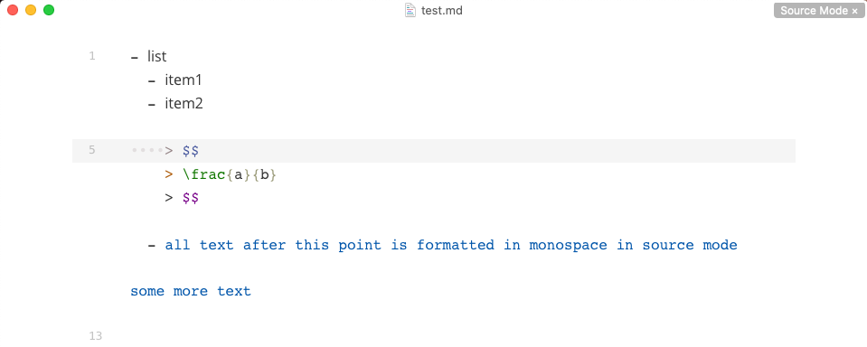 Source mode formatting buggy after a quote block with display math ...