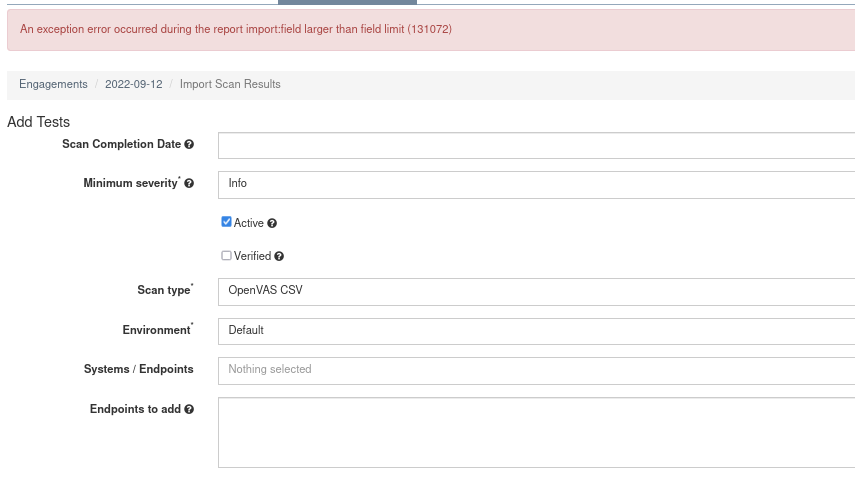 An exception error occurred during the report import:field larger than field limit (131072 ...