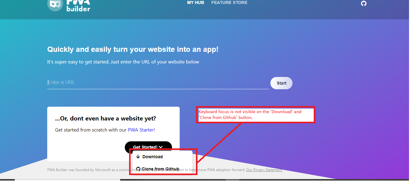 [Keyboard Navigation - PWABuilder - Homepage]: Keyboard focus does not get visible for 'Start ...