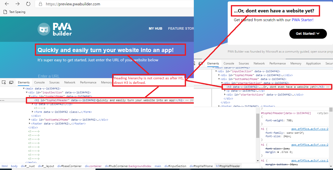 [Screen Reader - PWABuilder - Homepage]: Heading structure is not properly defined on the page ...