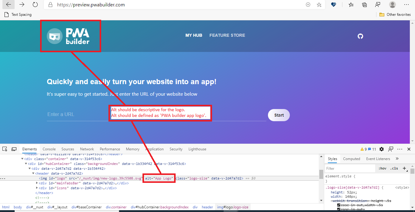 [Screen Reader - PWABuilder - Homepage]: Alt attribute is not descriptive for 'PWA Builder logo ...