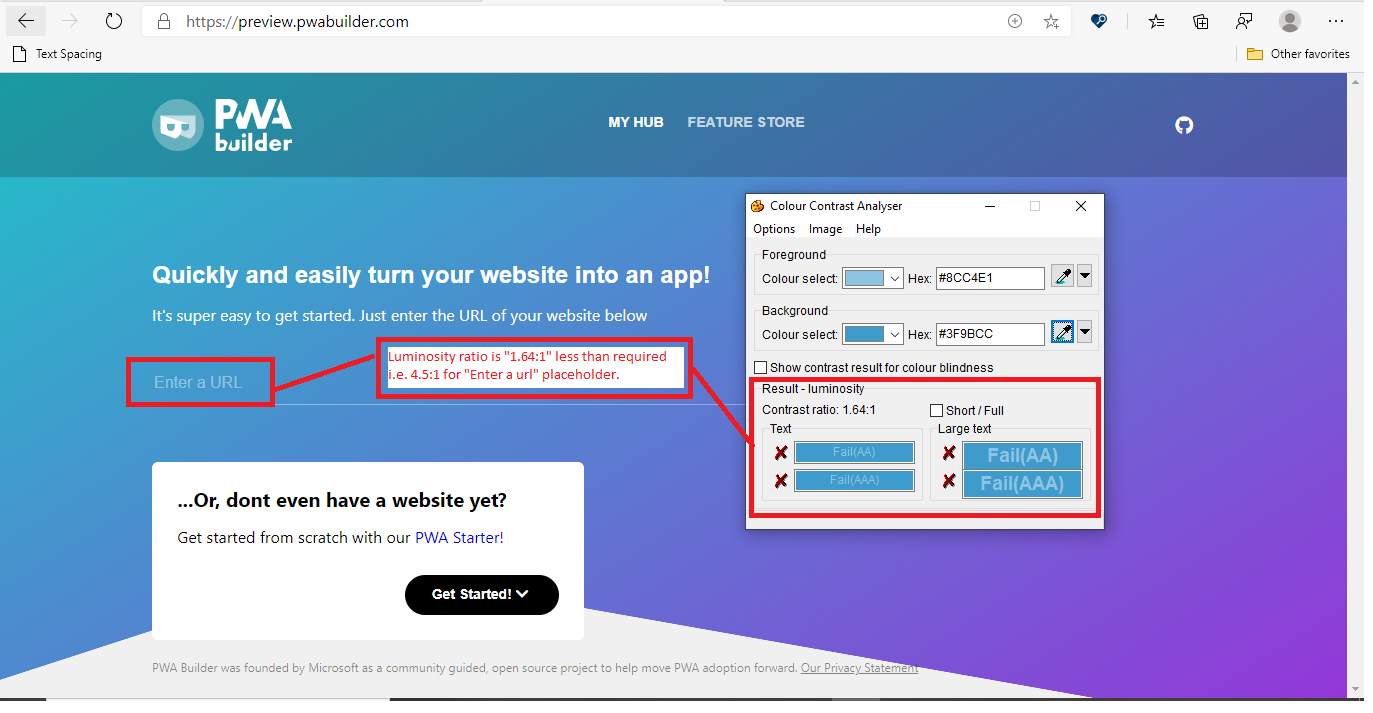 [Visual Requirements - PWA Builder - Home Page]: Luminosity ratio is "1.64:1" which is less than ...