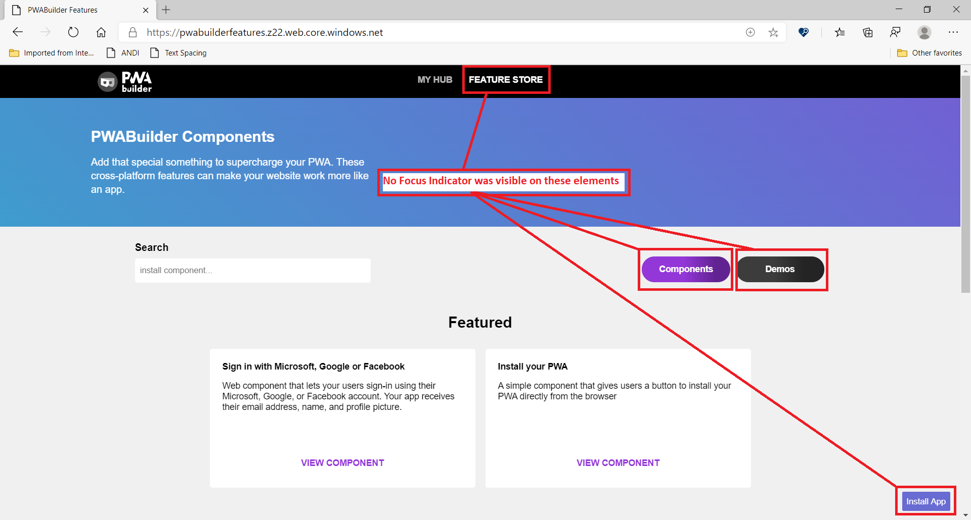 [Keyboard Navigation - PWA Builder - PWA Builder Features]: Keyboard focus does not get visible ...