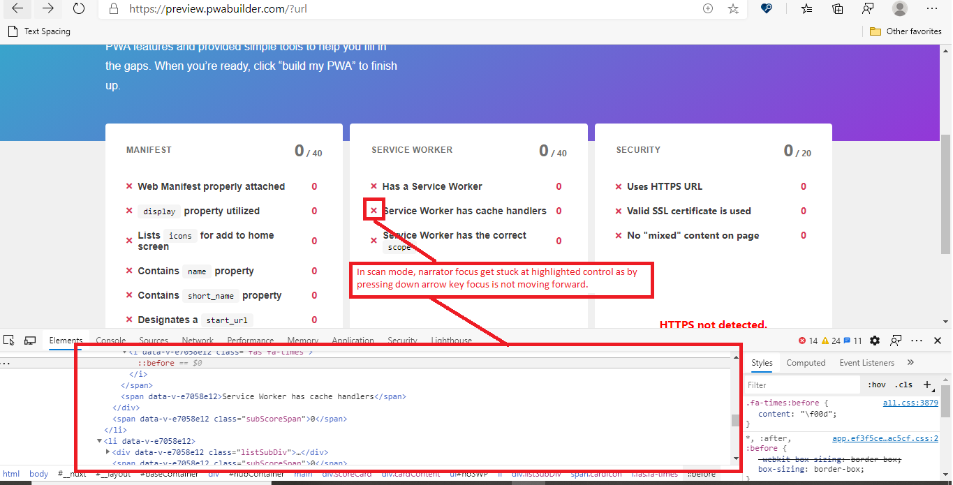 [Screen Reader - PWA Builder - Hub]: In scan mode, narrator focus get stuck at “Service Worker ...